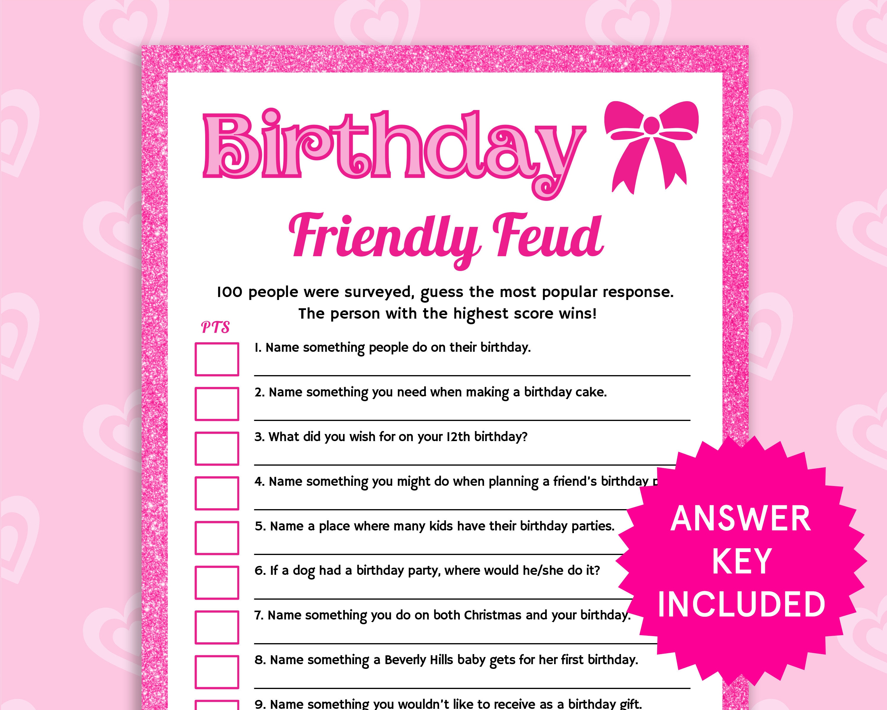 Birthday Friendly Feud Game Teen Girls Birthday Feud Pink Birthday ...