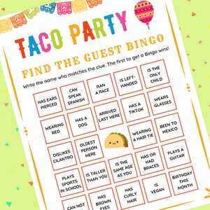 Taco Party Bingo Mexican Fiesta Games Kids Taco Games Family Fiesta ...