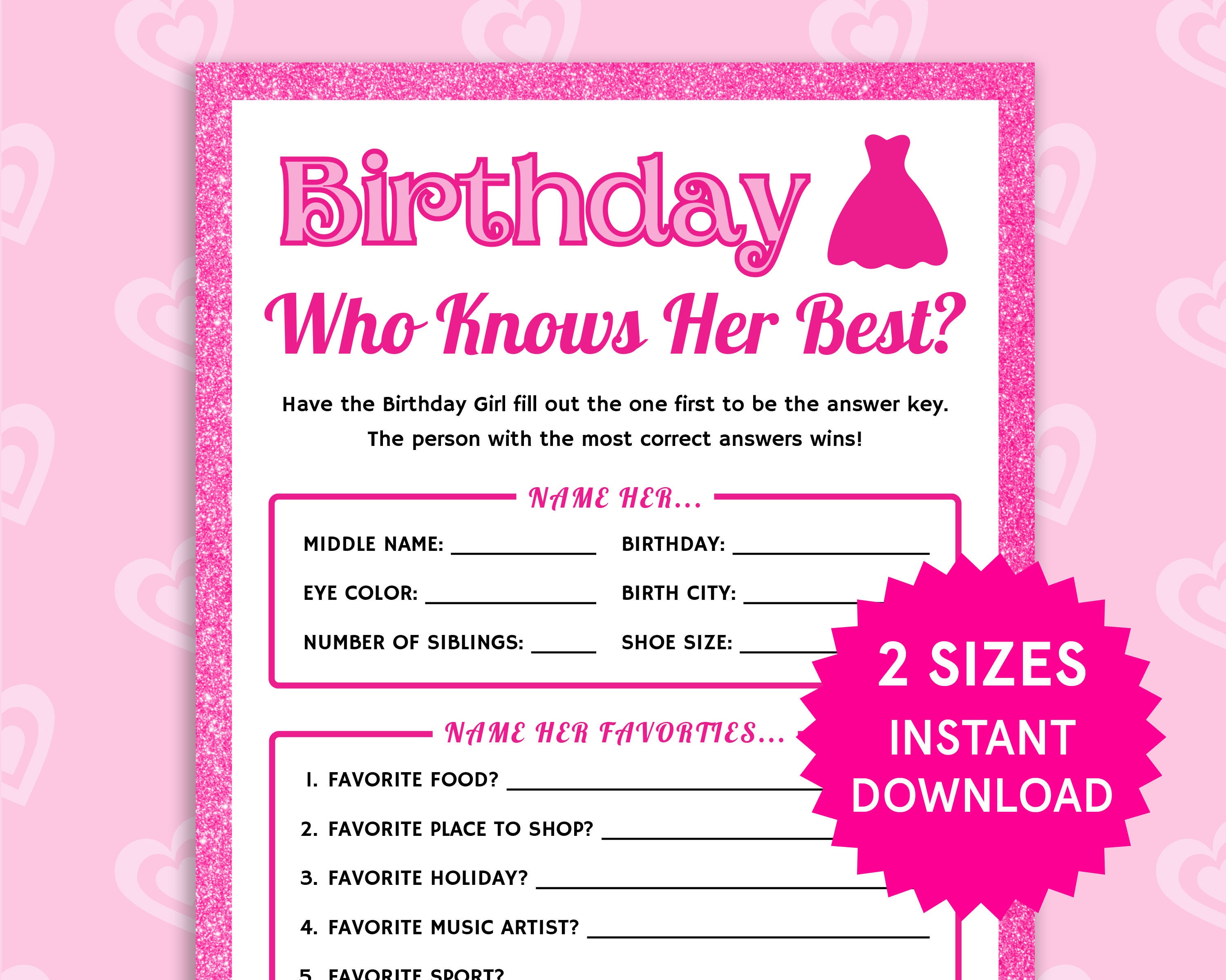 Who Knows the Birthday Girl Best Girl Birthday Questionnaire Activity ...