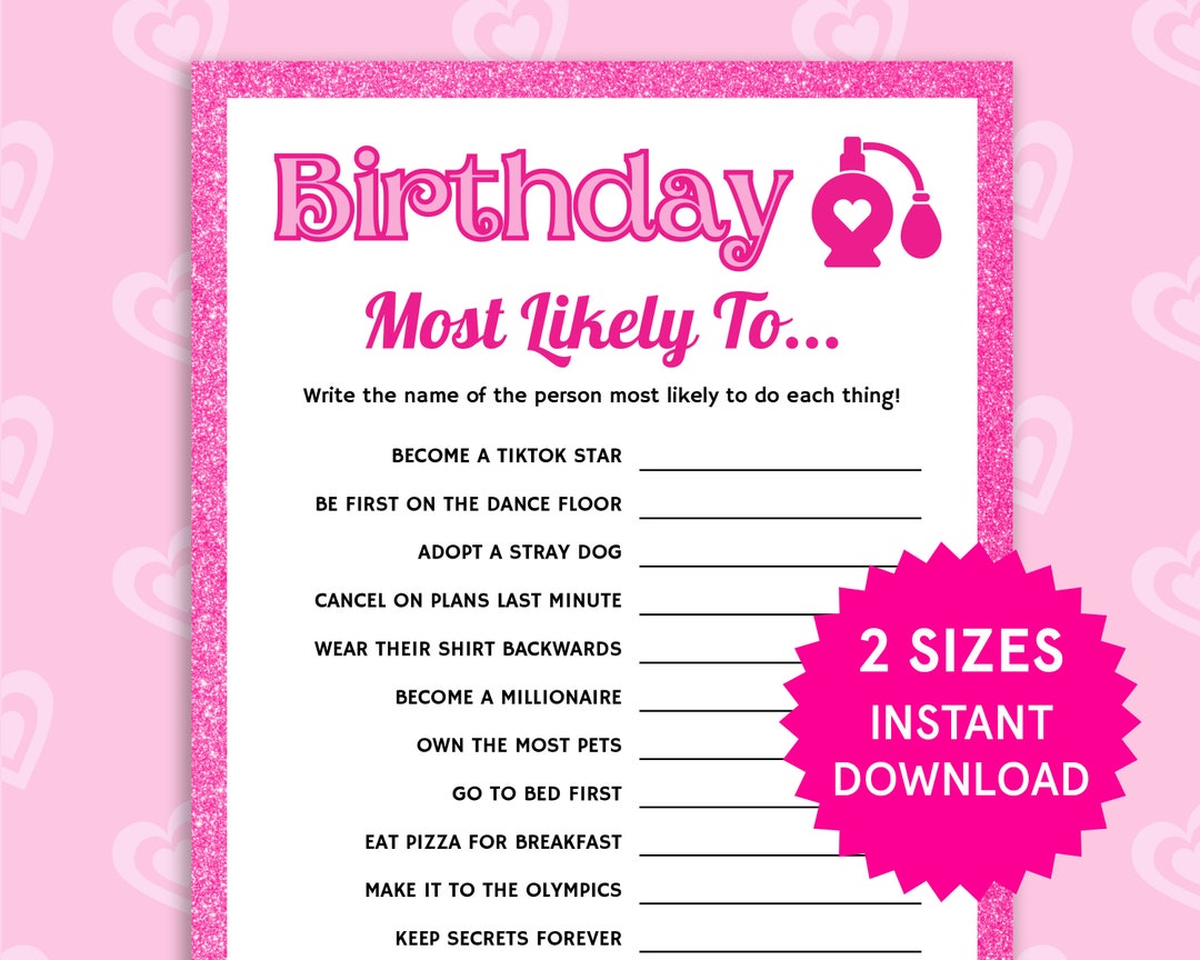 Birthday Most Likely to Game Pink Birthday Printable Teen Girl Birthday ...