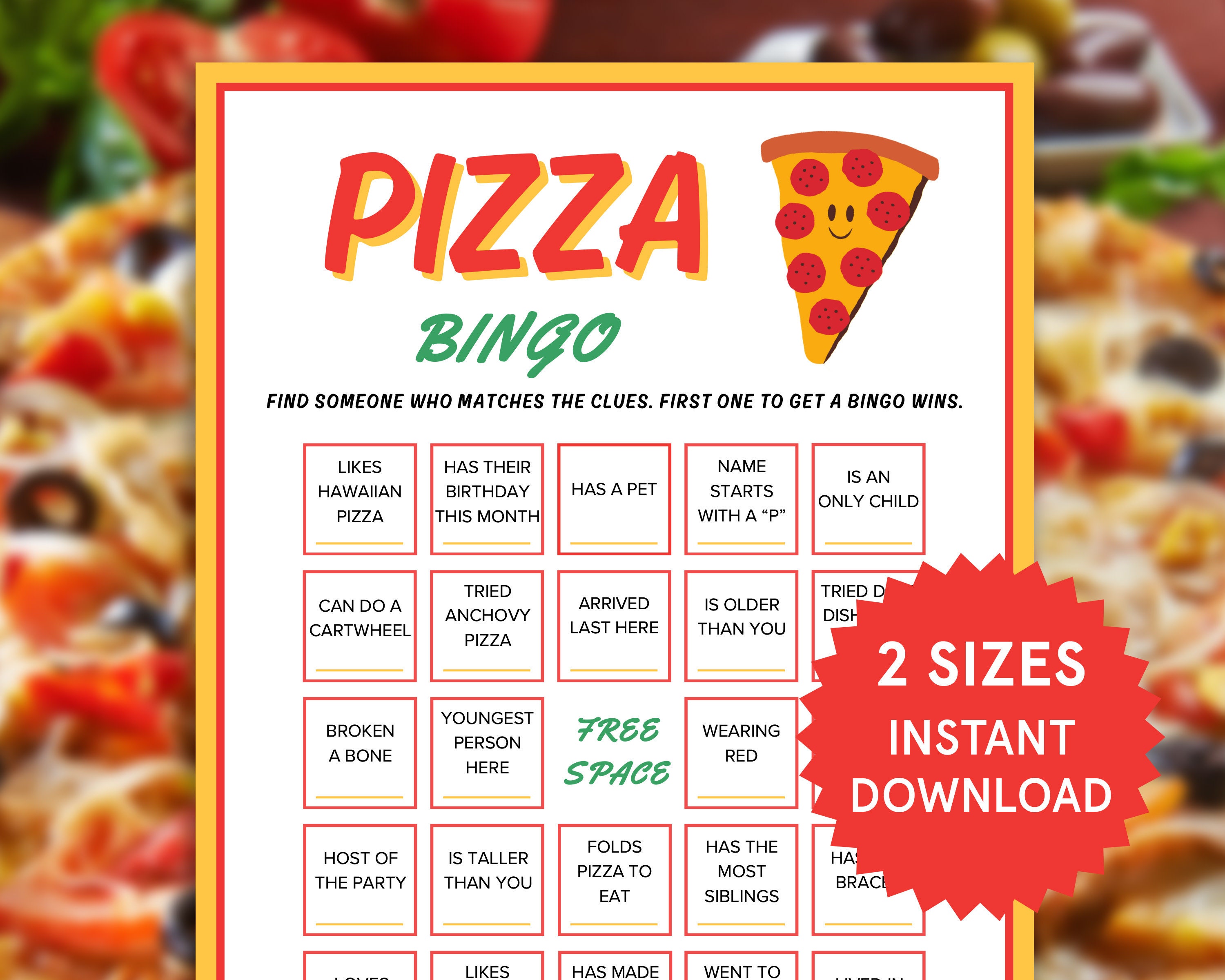Pizza Find Someone Who Bingo Game Printable Pizza Party Game for Kids ...
