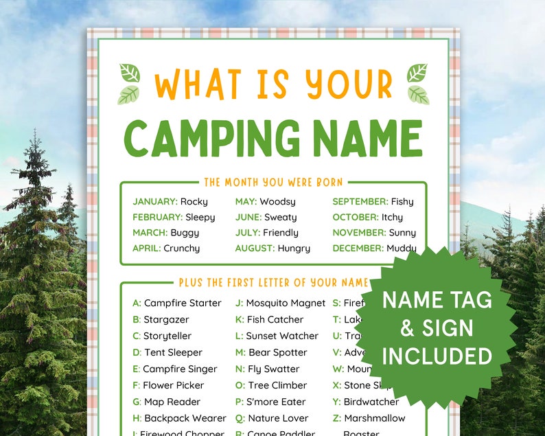 What's Your Camping Name Game, Name Tags, Sign Camping Games Camp ...