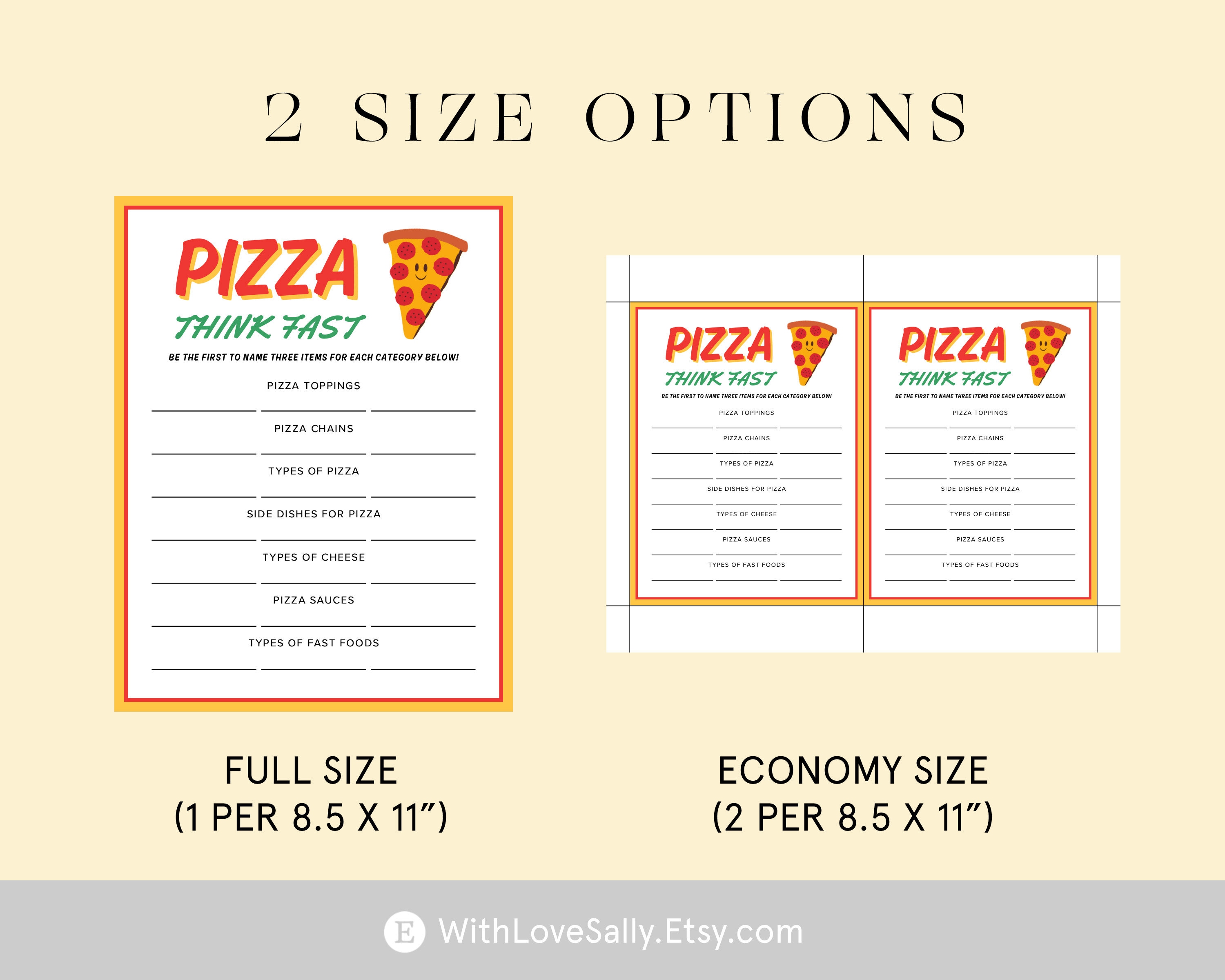 Pizza Think Fast Game Printable Pizza Party Game for Kids Adults ...
