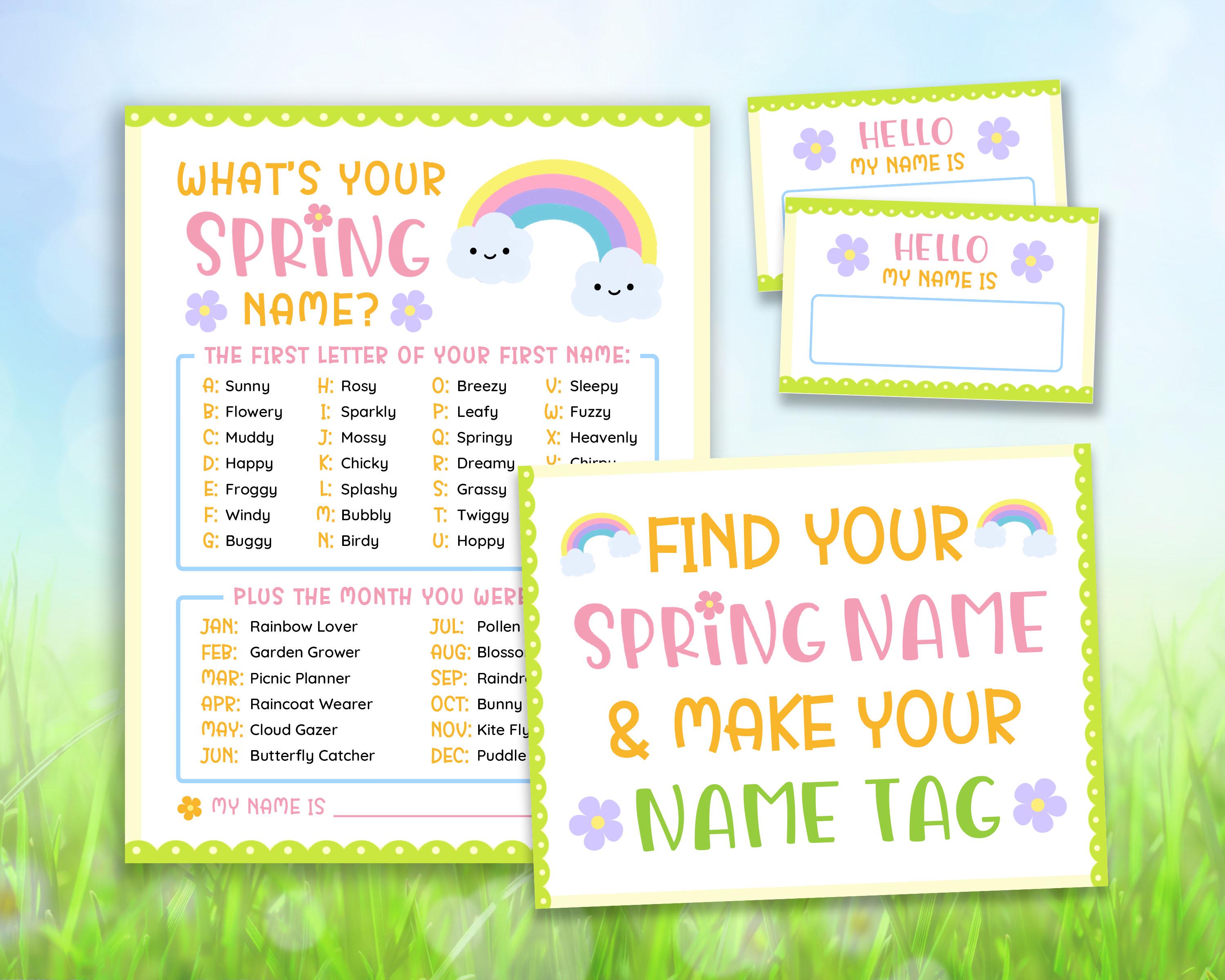 What is Your Spring Name, Name Tag, Sign Printable Spring Party Games ...