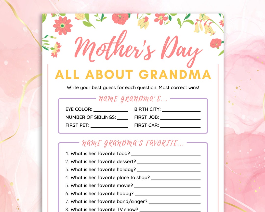 All About Grandma Printable Mothers Day Games Fun Mothers Day Activity ...