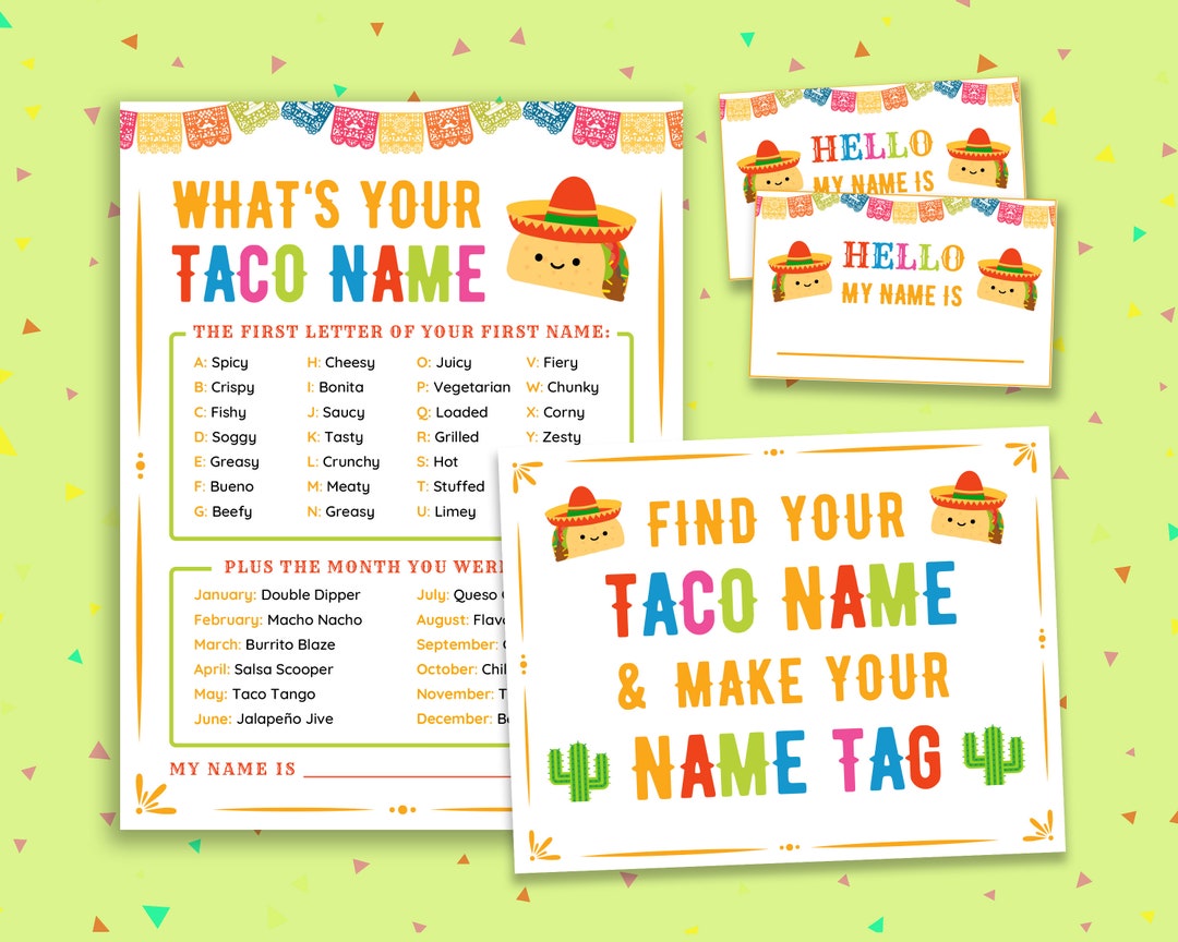 What's Your Taco Name, Name Tags, Sign Taco Party Games for Kids Fiesta ...