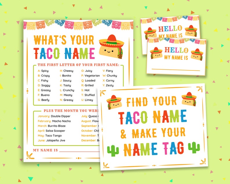 What's Your Taco Name, Name Tags, Sign Taco Party Games for Kids Fiesta ...