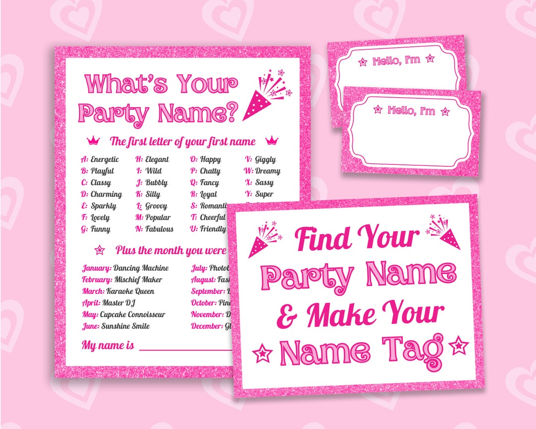 Whats Your Party Name, Name Tags, Sign Pink Birthday Party Games for ...