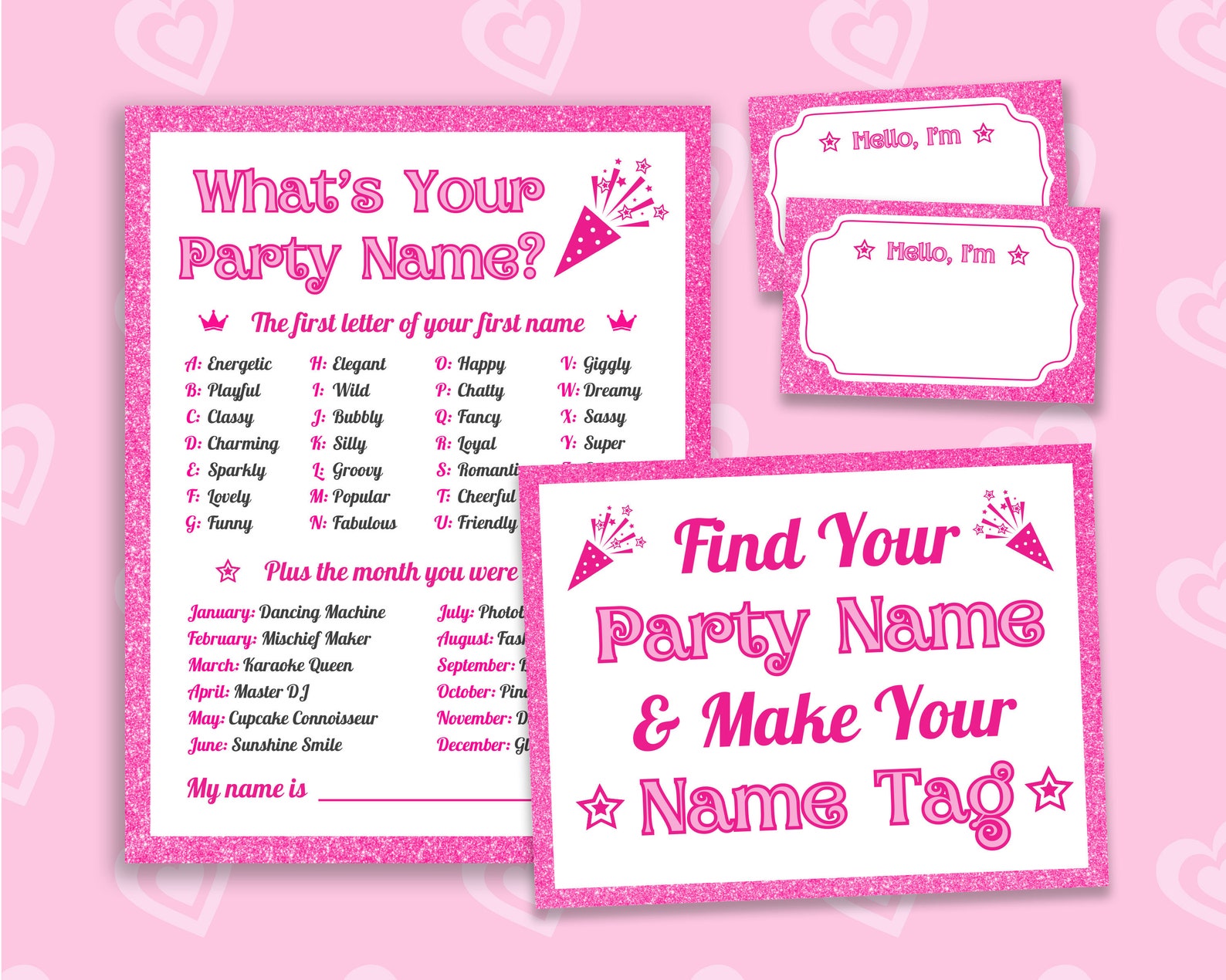 Whats Your Party Name, Name Tags, Sign Pink Birthday Party Games for ...