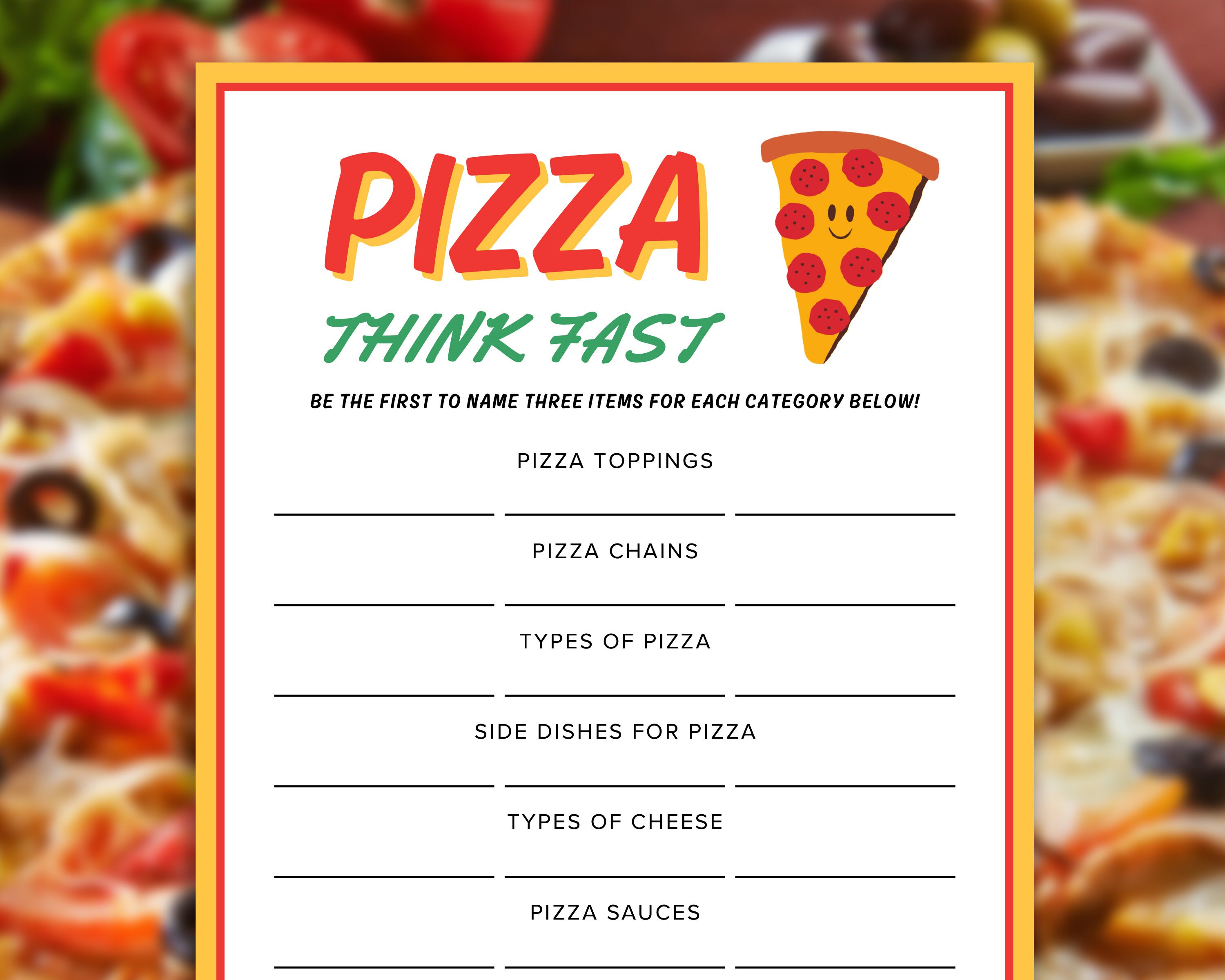 Pizza Think Fast Game Printable Pizza Party Game for Kids Adults ...