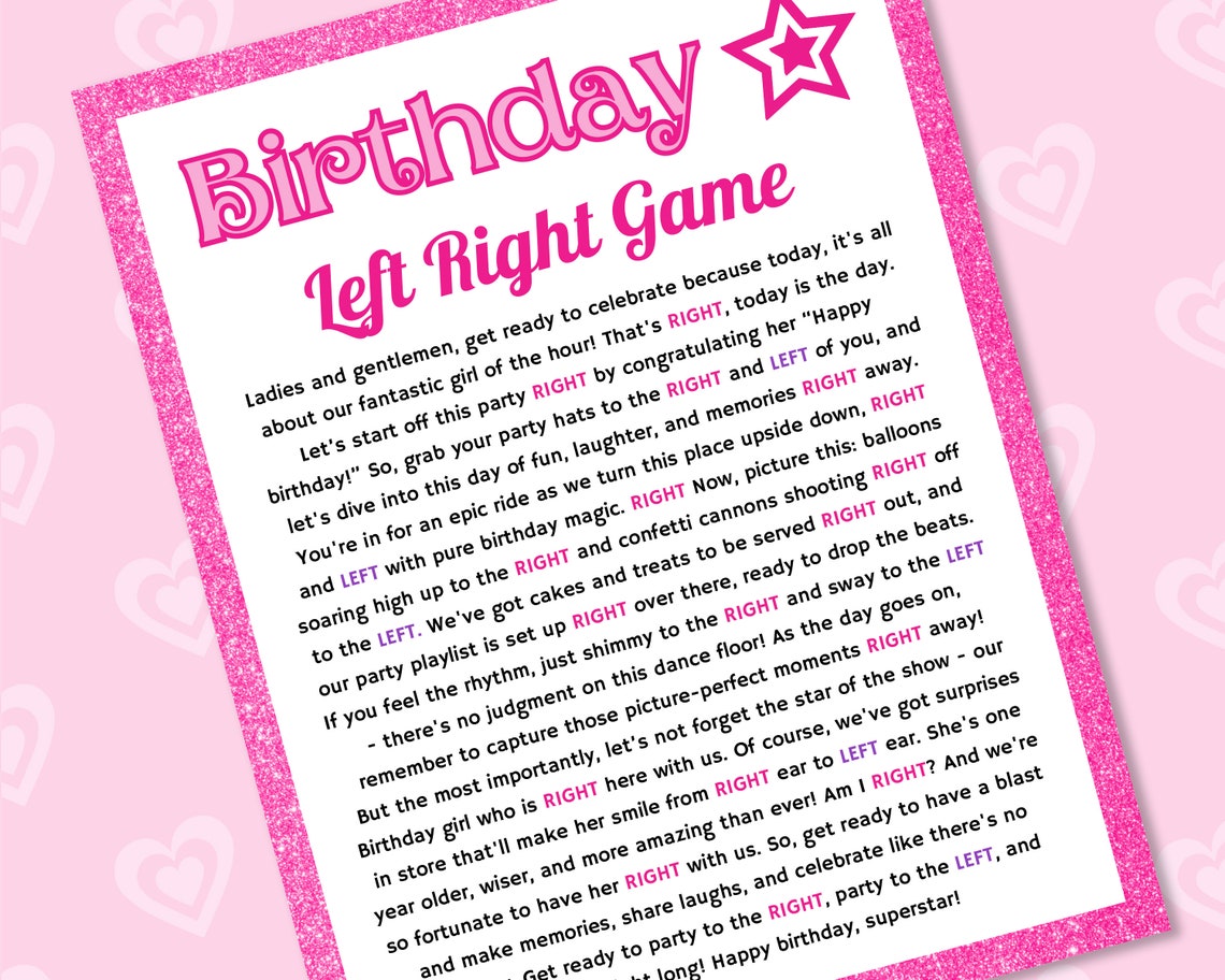 Pink Birthday Left Right Game Fun Girls Birthday Party Games for Kids ...