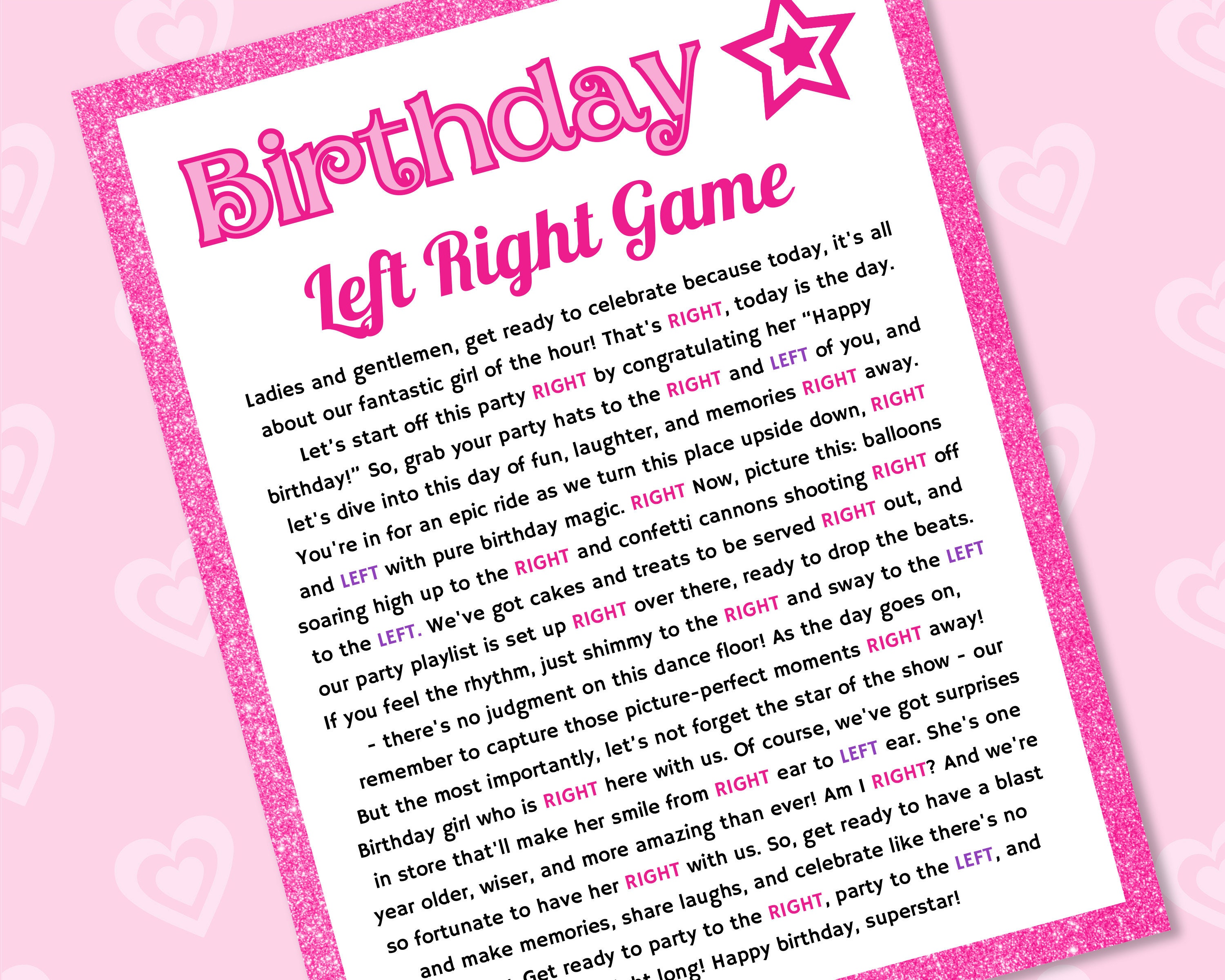 Pink Birthday Left Right Game Fun Girls Birthday Party Games for Kids ...