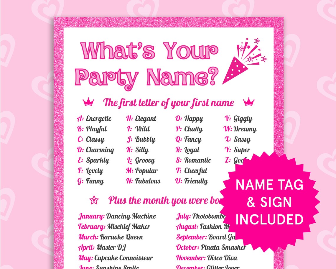 Whats Your Party Name, Name Tags, Sign Pink Birthday Party Games for ...