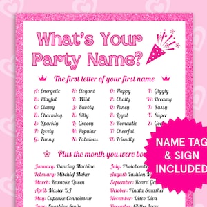 Whats Your Party Name, Name Tags, Sign Pink Birthday Party Games for ...