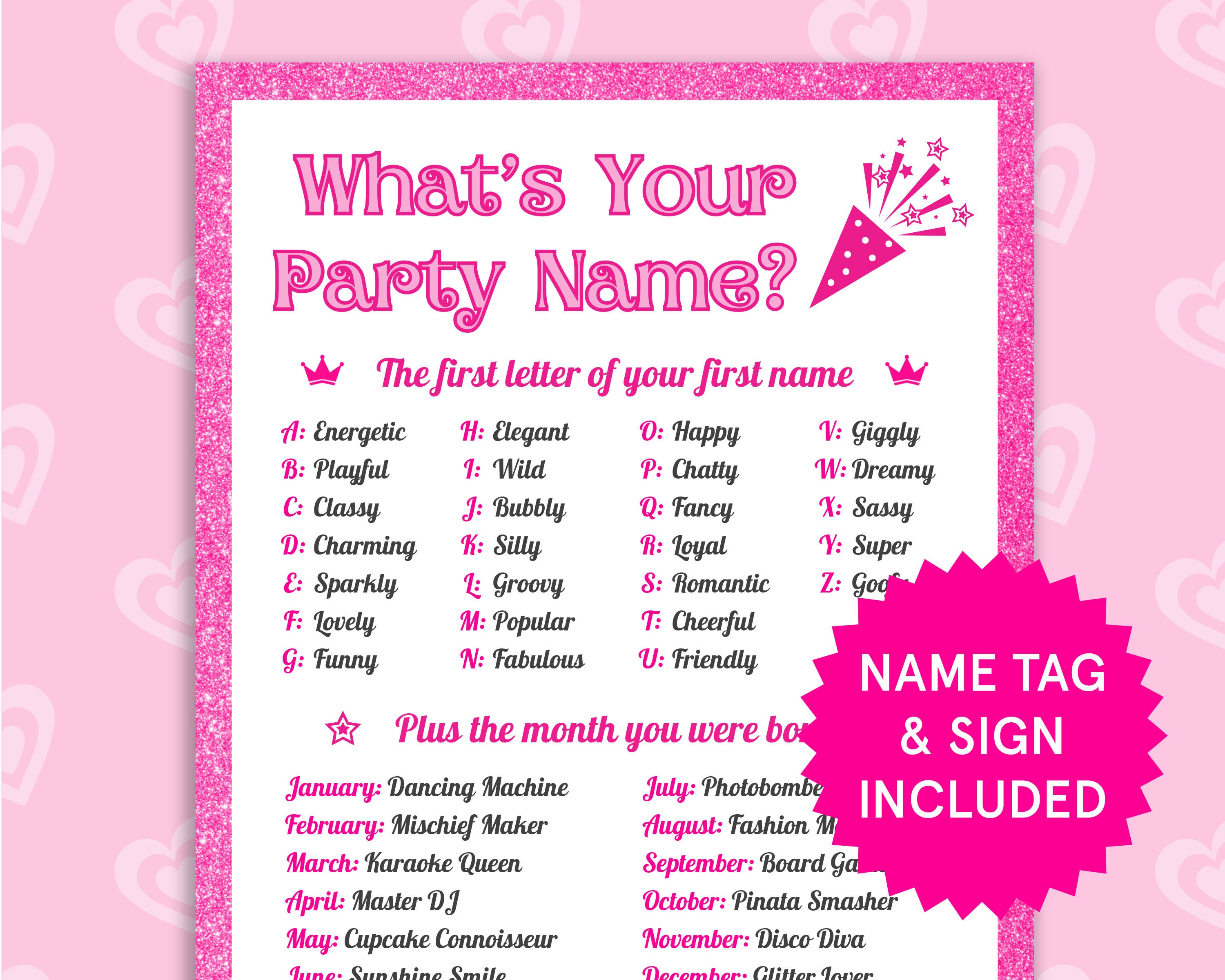 Whats Your Party Name, Name Tags, Sign Pink Birthday Party Games for ...