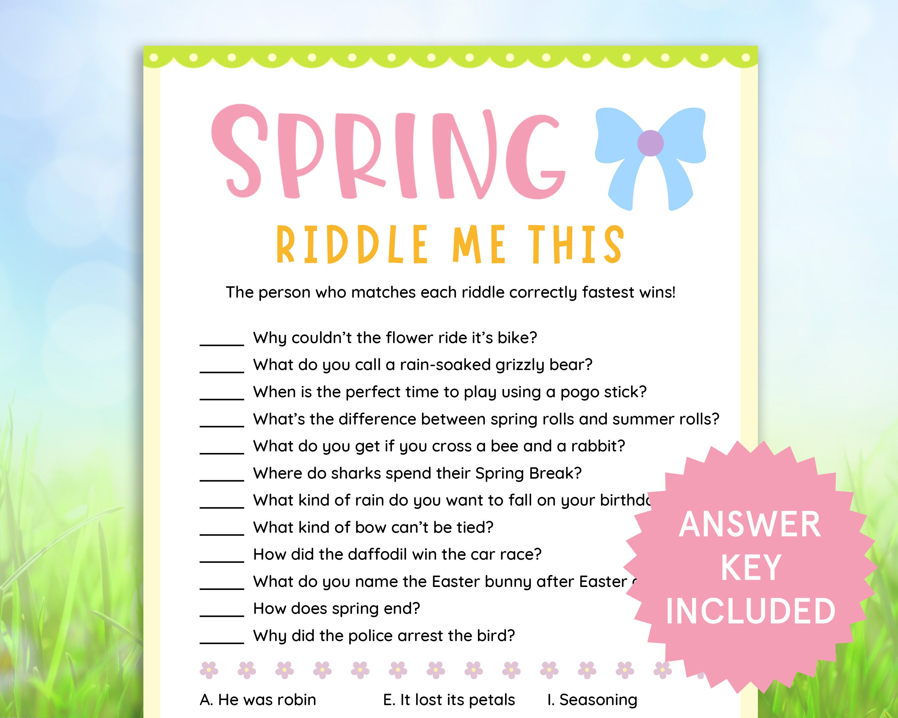 Spring Riddle Me This Game Printable Spring Activities for Kids, Family ...