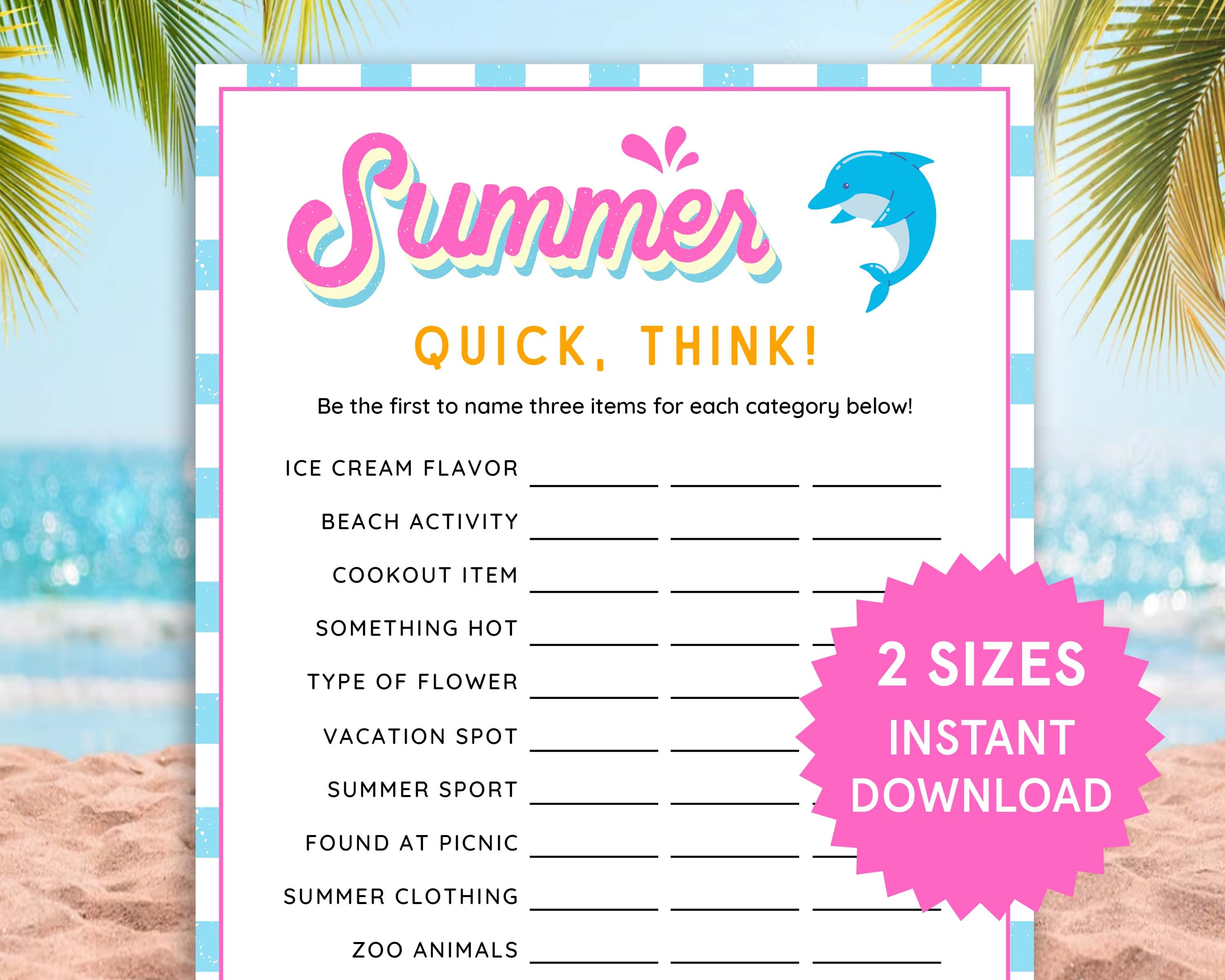 Summer Quick Think Summer Games Summer Think Fast Summer Activities for ...