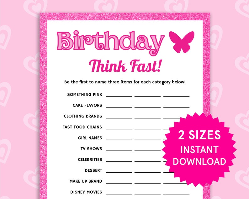 Pink Birthday Think Fast Tween, Teen Birthday Games Pink Party Games ...