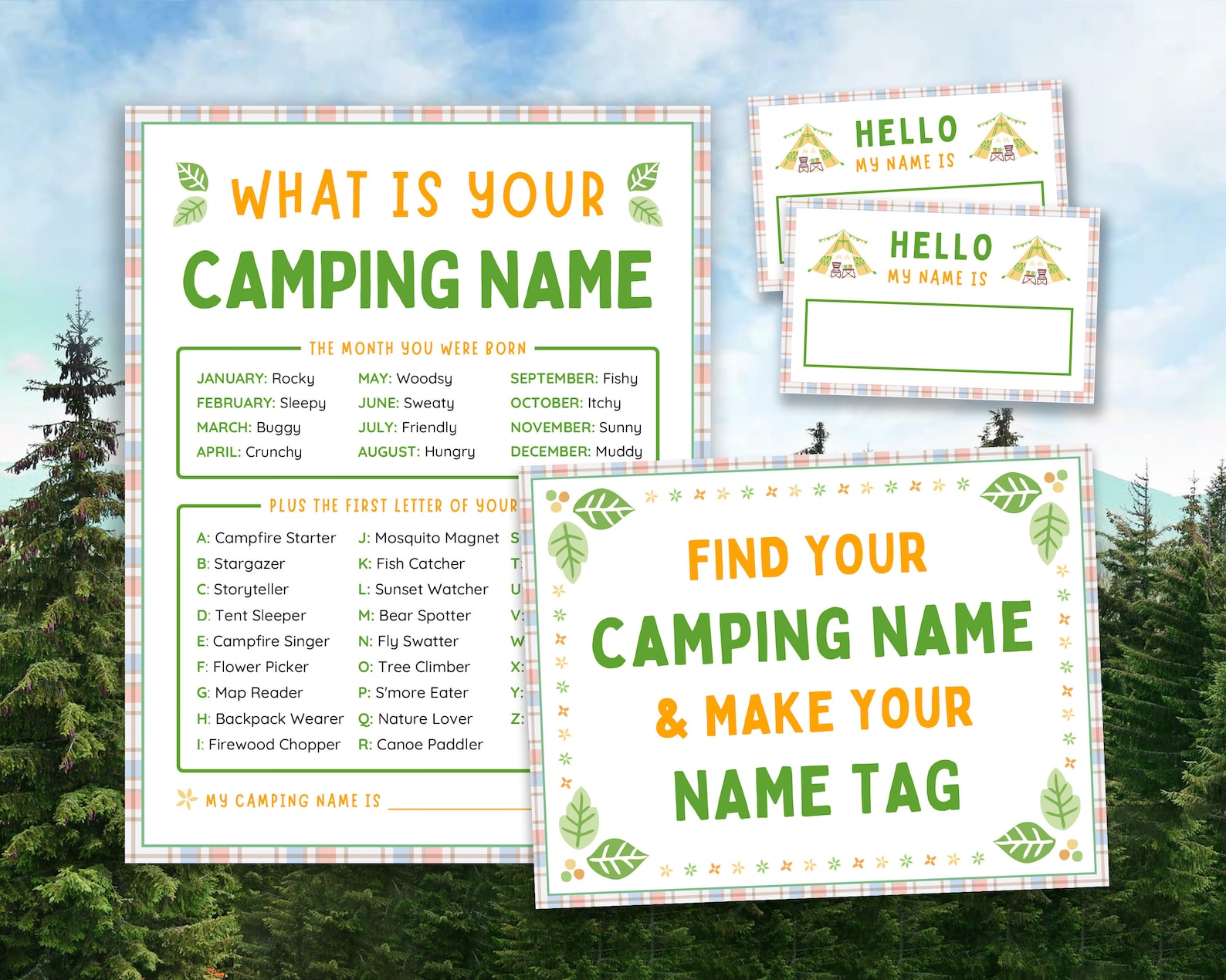 What's Your Camping Name Game, Name Tags, Sign Camping Games Camp ...