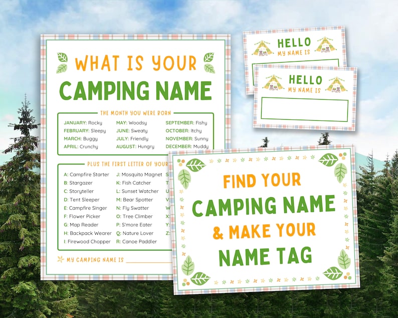 What's Your Camping Name Game, Name Tags, Sign Camping Games Camp ...