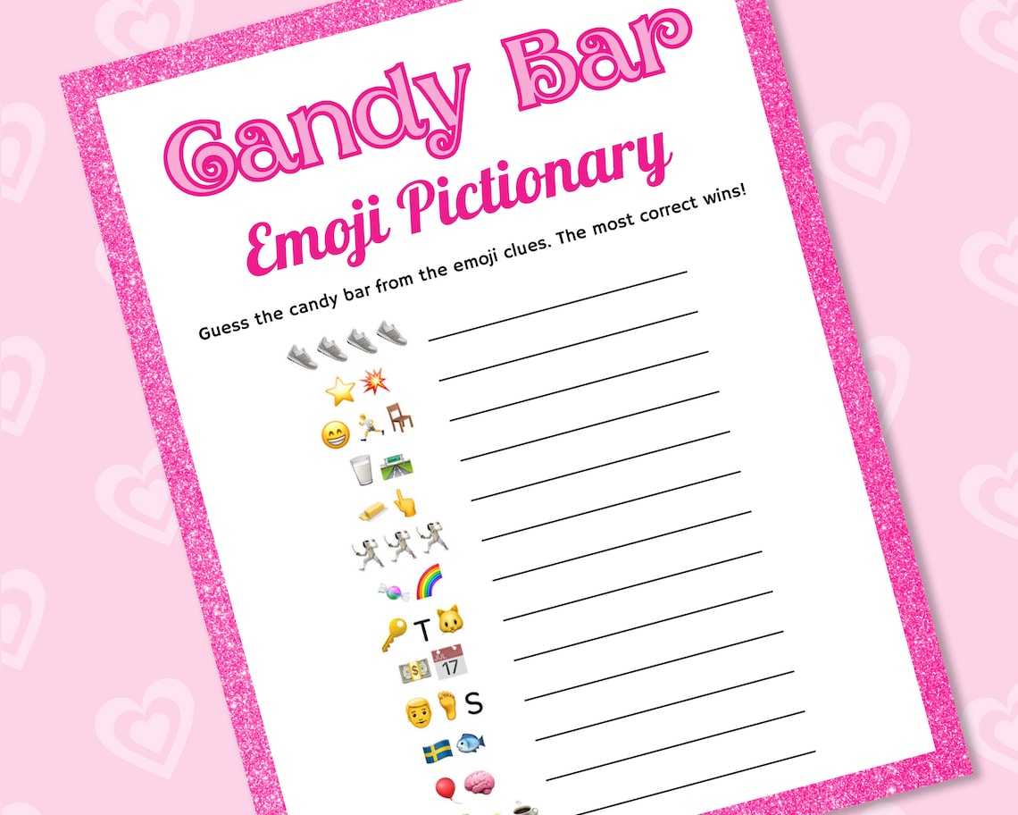 Candy Bar Emoji Pictionary Printable Pink Birthday Party Games Fun ...