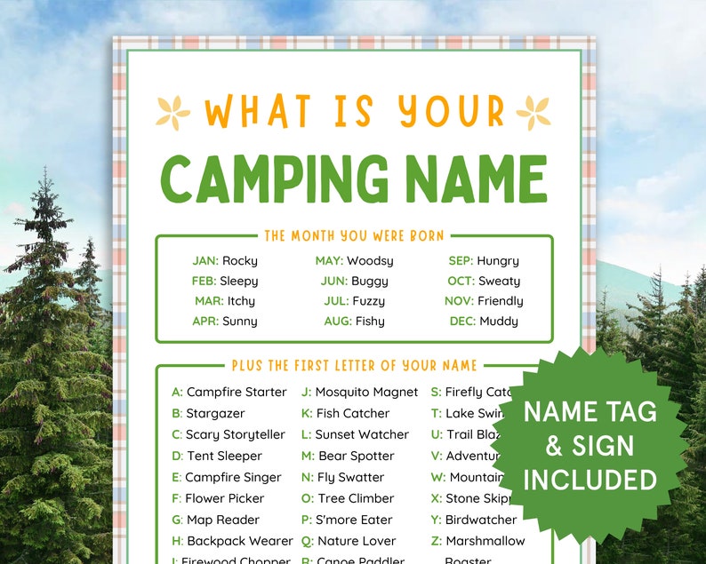 What's Your Camping Name Game, Name Tags, Sign Camping Birthday Party ...