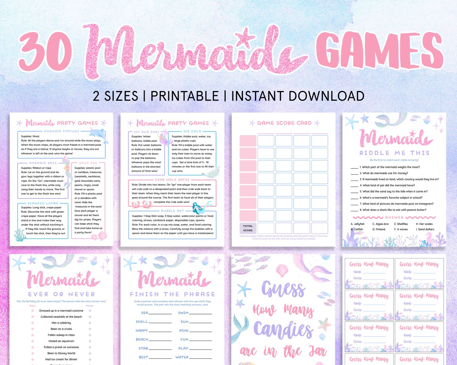 Mermaid Party Game Bundle Girls Birthday Games Mermaid Themed Party ...