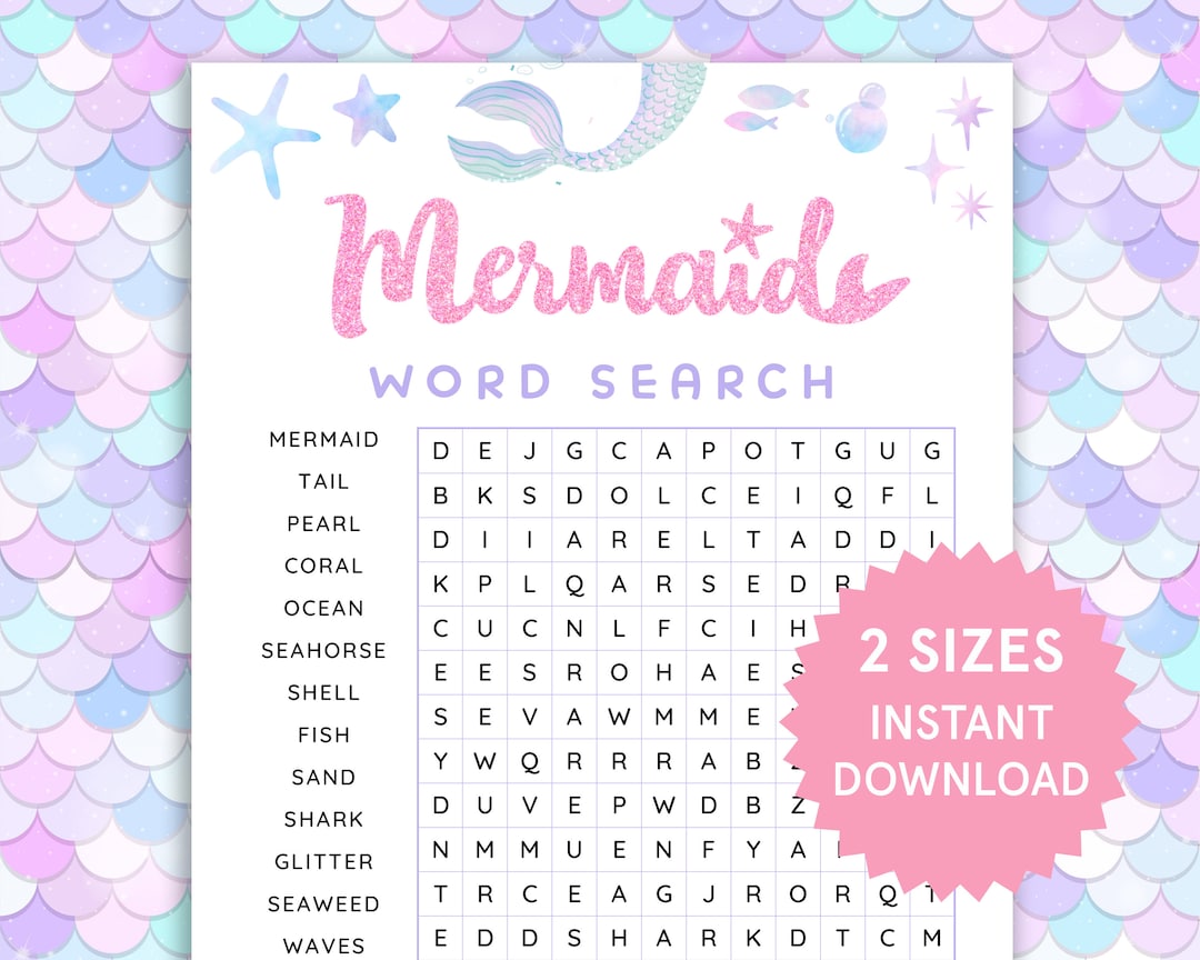 Mermaid Word Search Tween Mermaid Birthday Party Game Girls Birthday ...