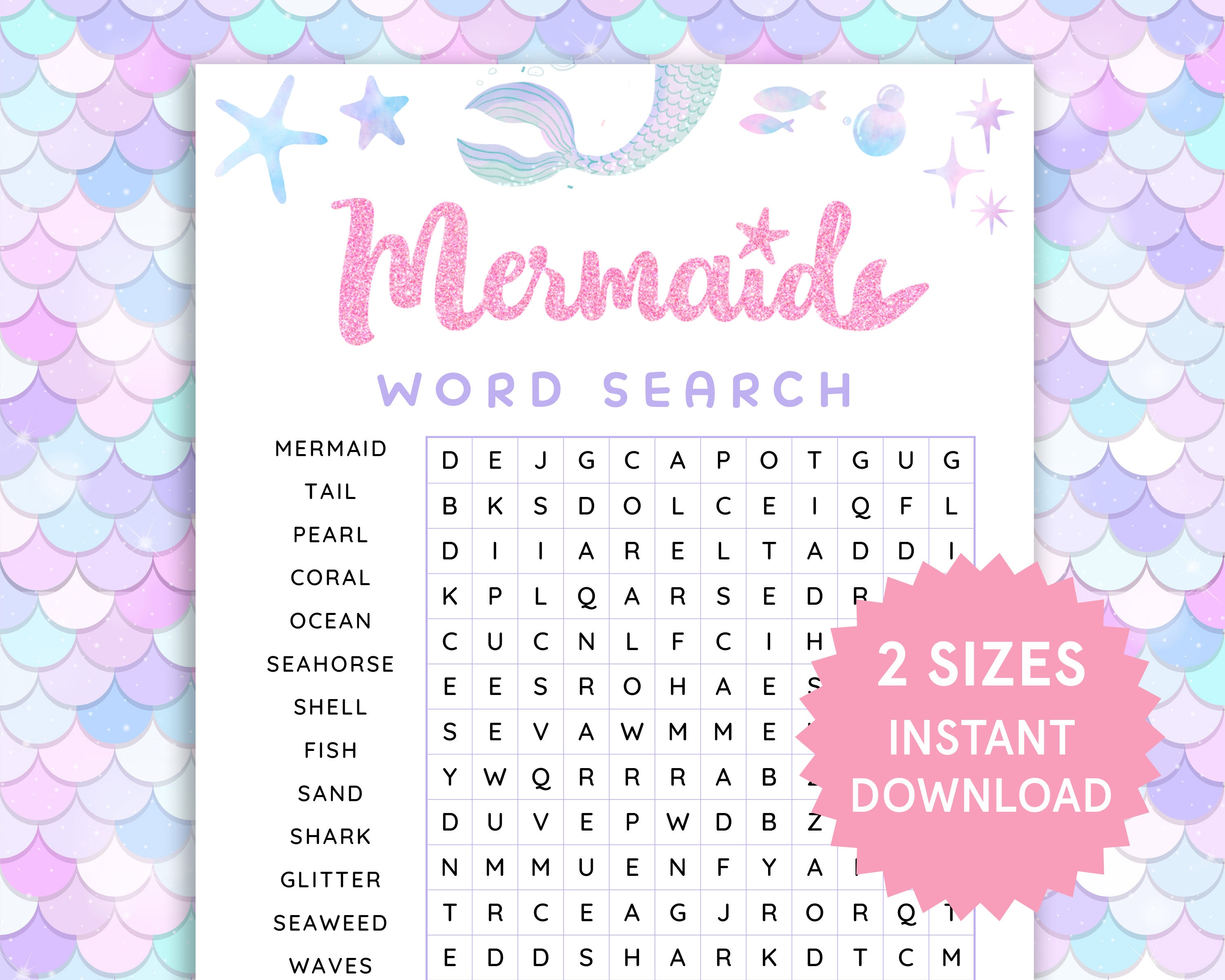 Mermaid Word Search Tween Mermaid Birthday Party Game Girls Birthday ...