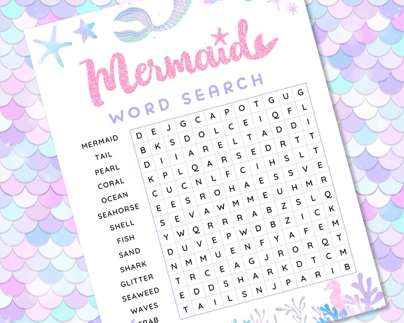 Mermaid Word Search Tween Mermaid Birthday Party Game Girls Birthday ...