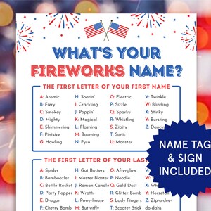 What's Your Fireworks Name, Name Tags, Sign Fourth of July Party Games ...