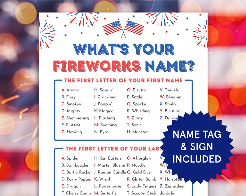 What's Your Fireworks Name, Name Tags, Sign Fourth of July Party Games ...