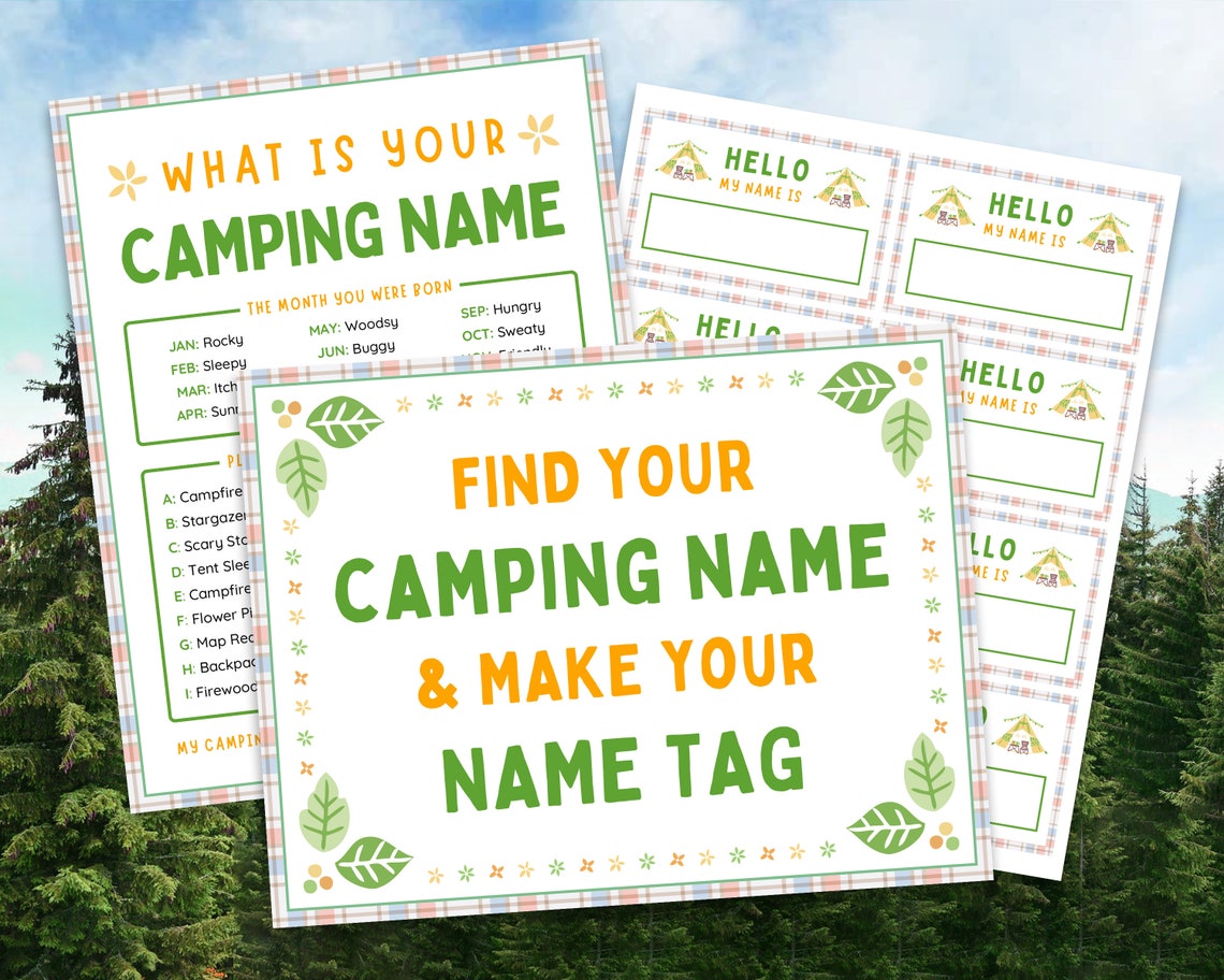 What's Your Camping Name Game, Name Tags, Sign Camping Birthday Party ...