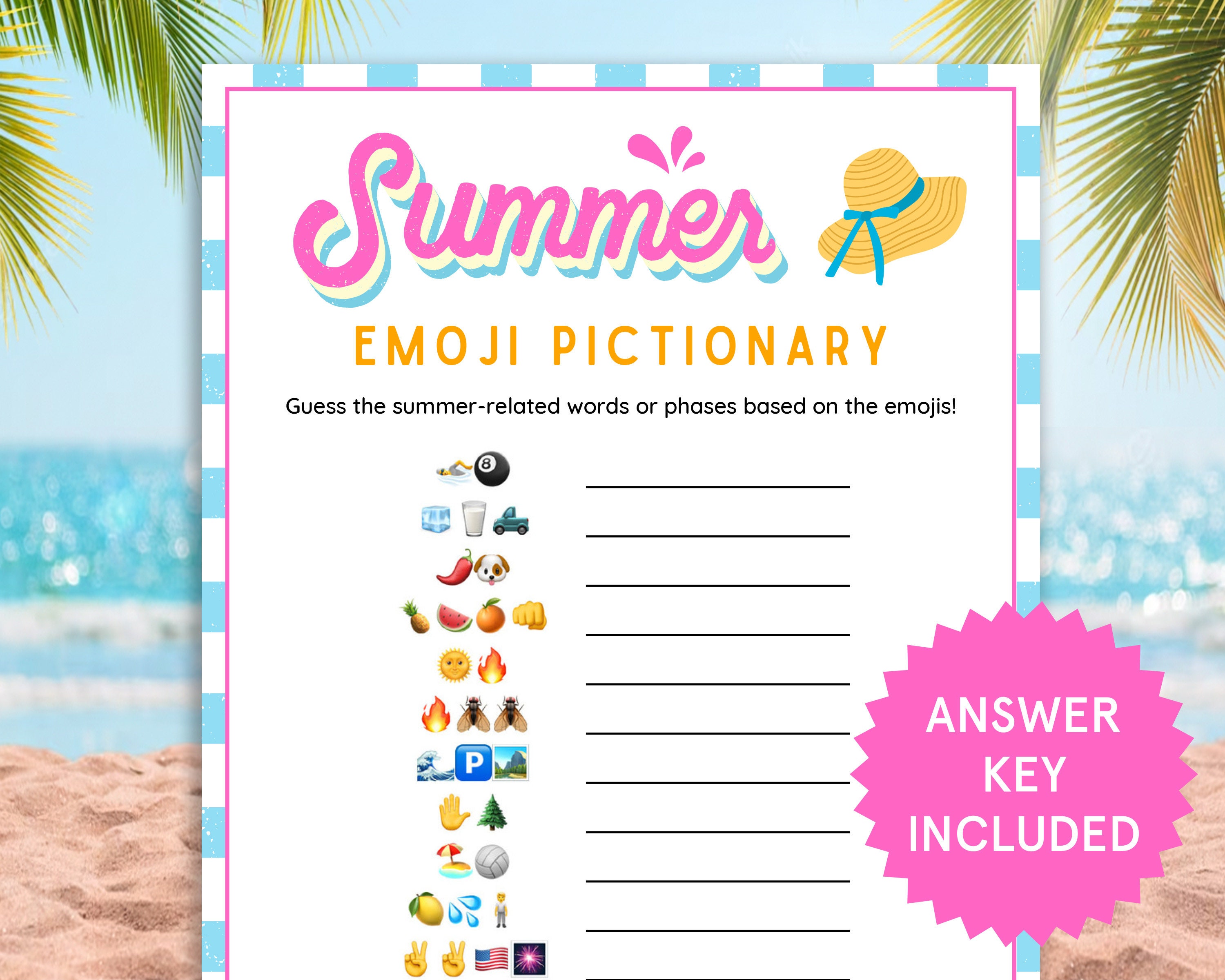 Summer Emoji Pictionary Game Summer Games Beach Party Games Summer ...