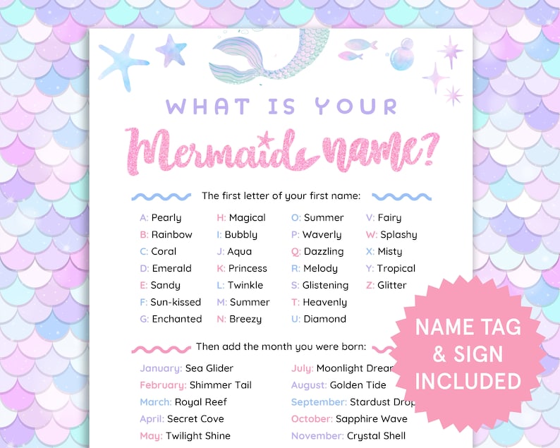 What's Your Mermaid Name, Name Tags, Sign Mermaid Name Game Summer ...