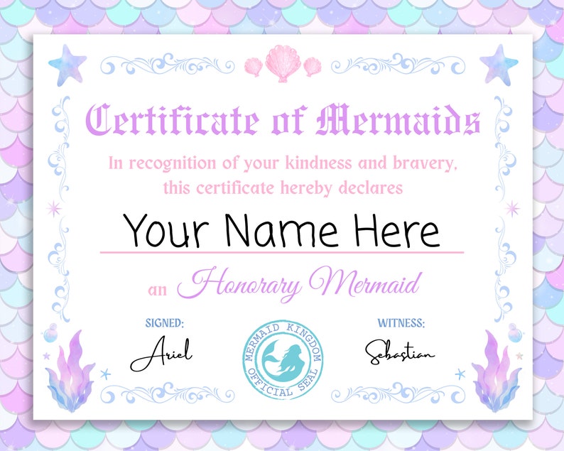 Mermaid Certificate Mermaid Birthday Party Games for Kids Mermaid ...