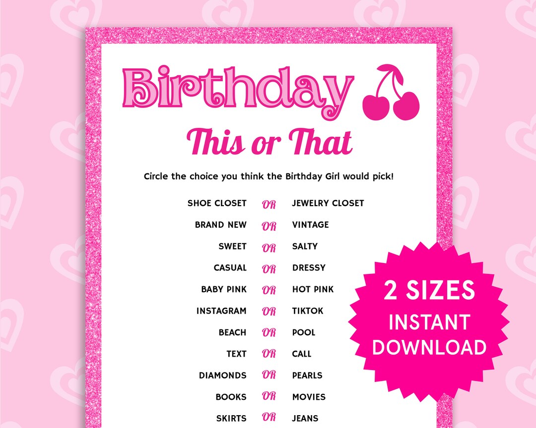 Pink Birthday This or That Girls Birthday Game Glitter Party Pink Party ...