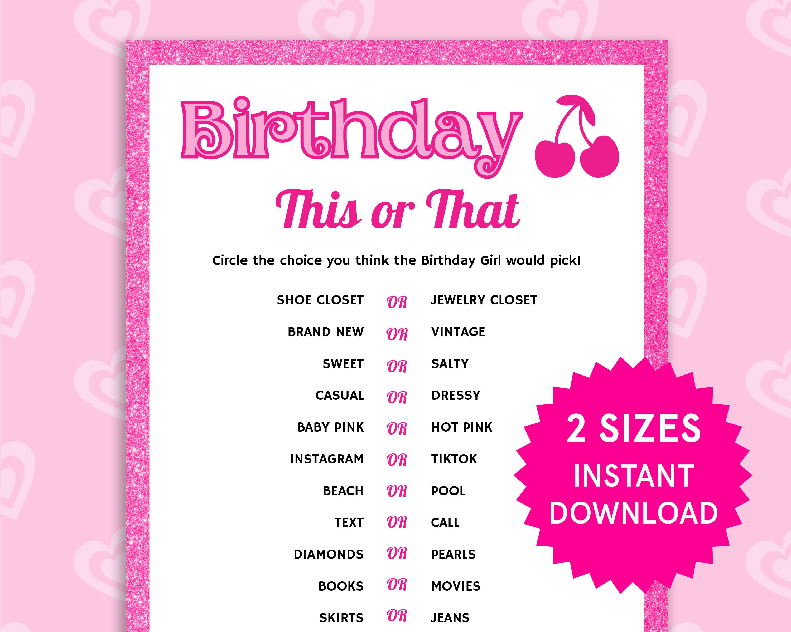 Pink Birthday This or That Girls Birthday Game Glitter Party Pink Party ...