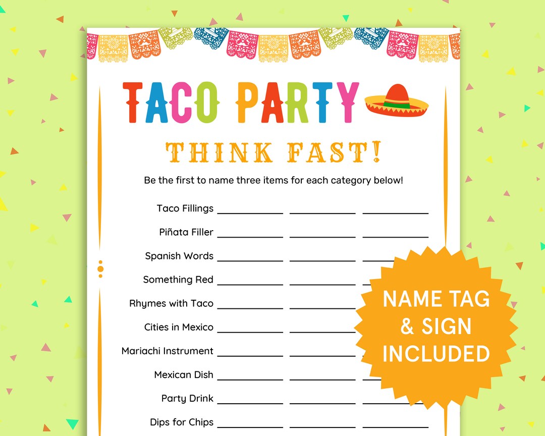Taco Party Think Fast Taco Party Games Mexican Fiesta Games Printable ...