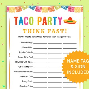 Taco Party Think Fast Taco Party Games Mexican Fiesta Games Printable ...