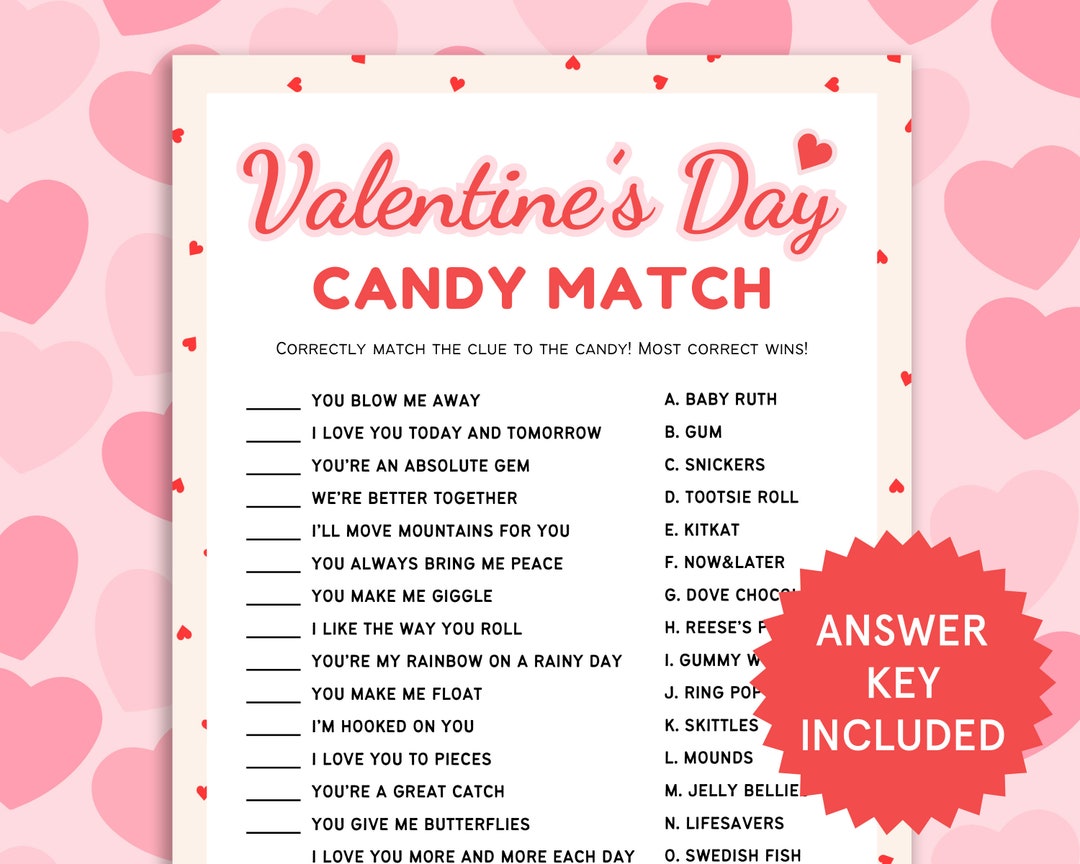 Valentines Day Candy Match Game Valentines Day Printable Games Fun ...