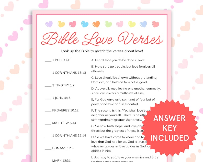 Love Bible Verses Match Game Bible Love Verses Quiz Printable Bible ...