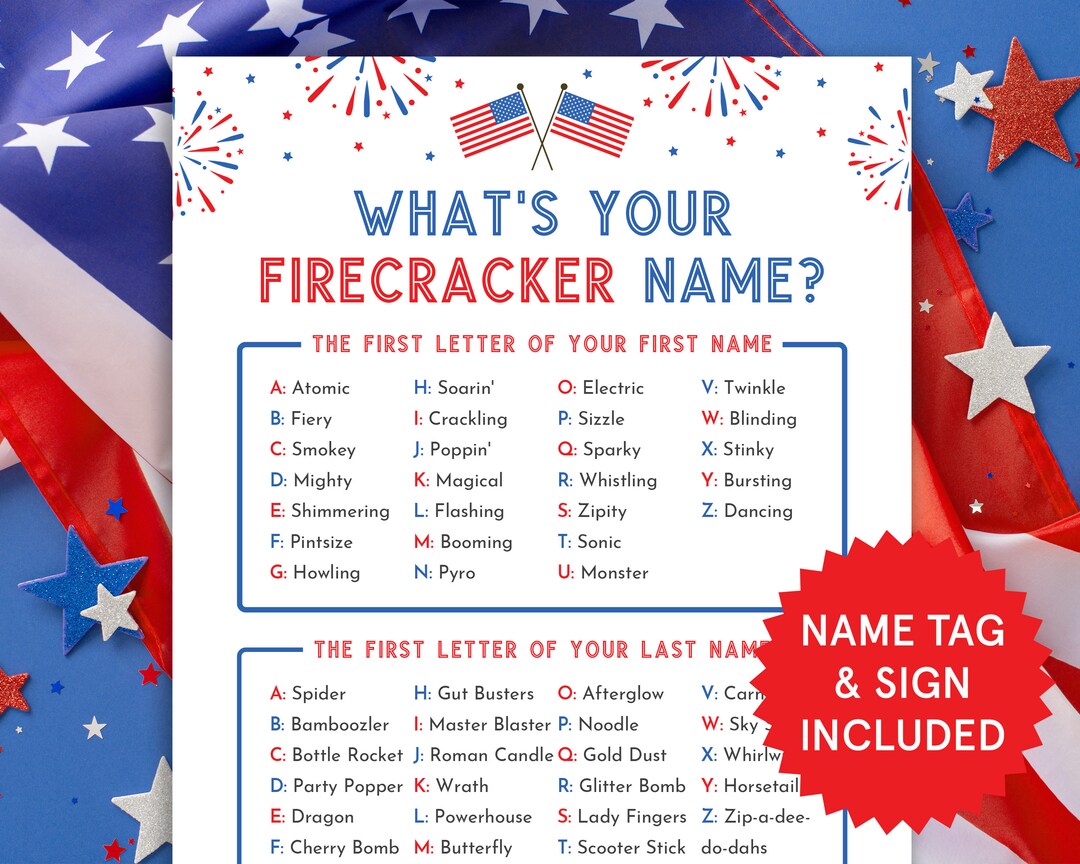 What's Your Firecracker Name, Name Tags, Sign Fourth of July Game 4th ...