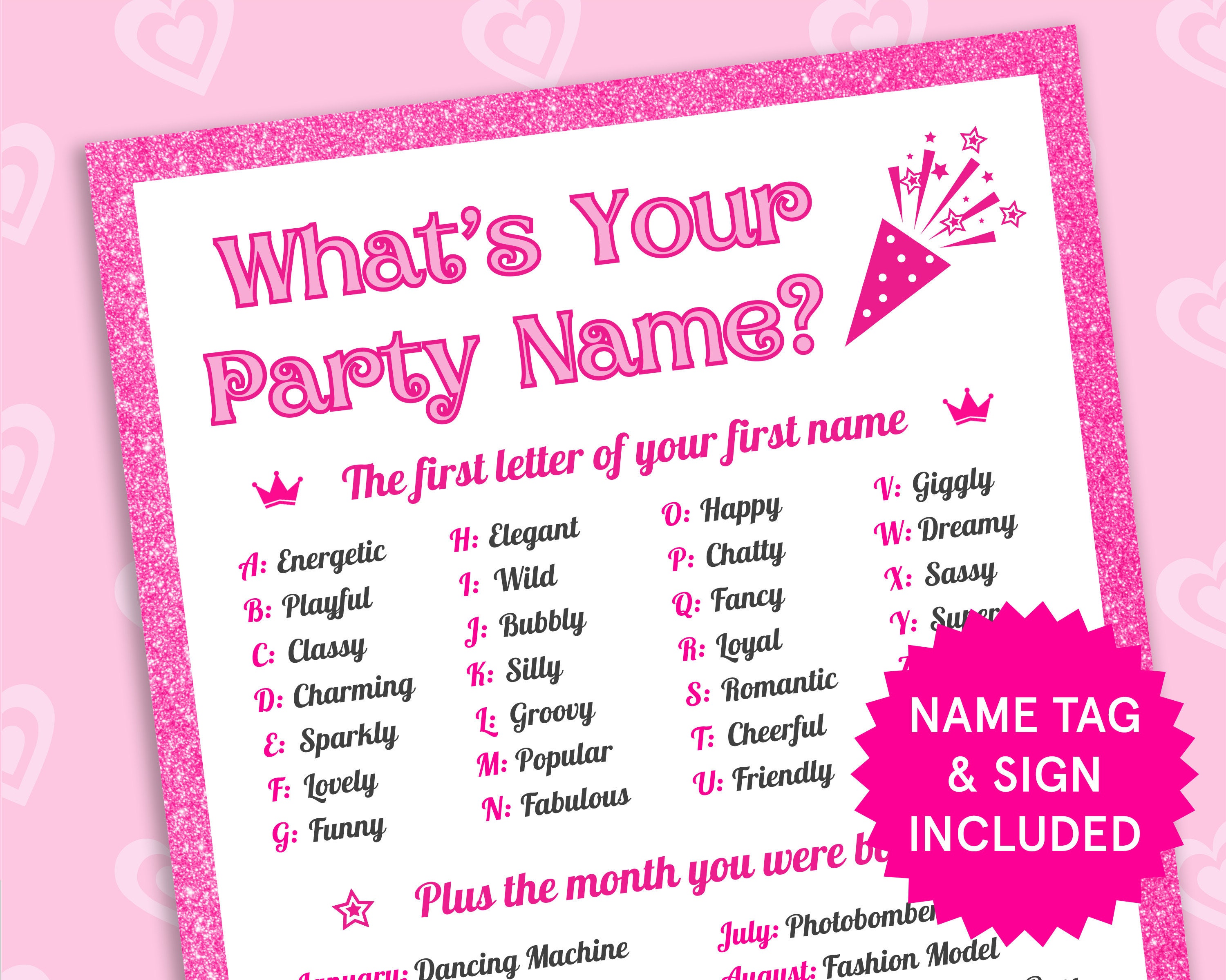 Whats Your Party Name, Name Tags, Sign Pink Birthday Party Games for ...