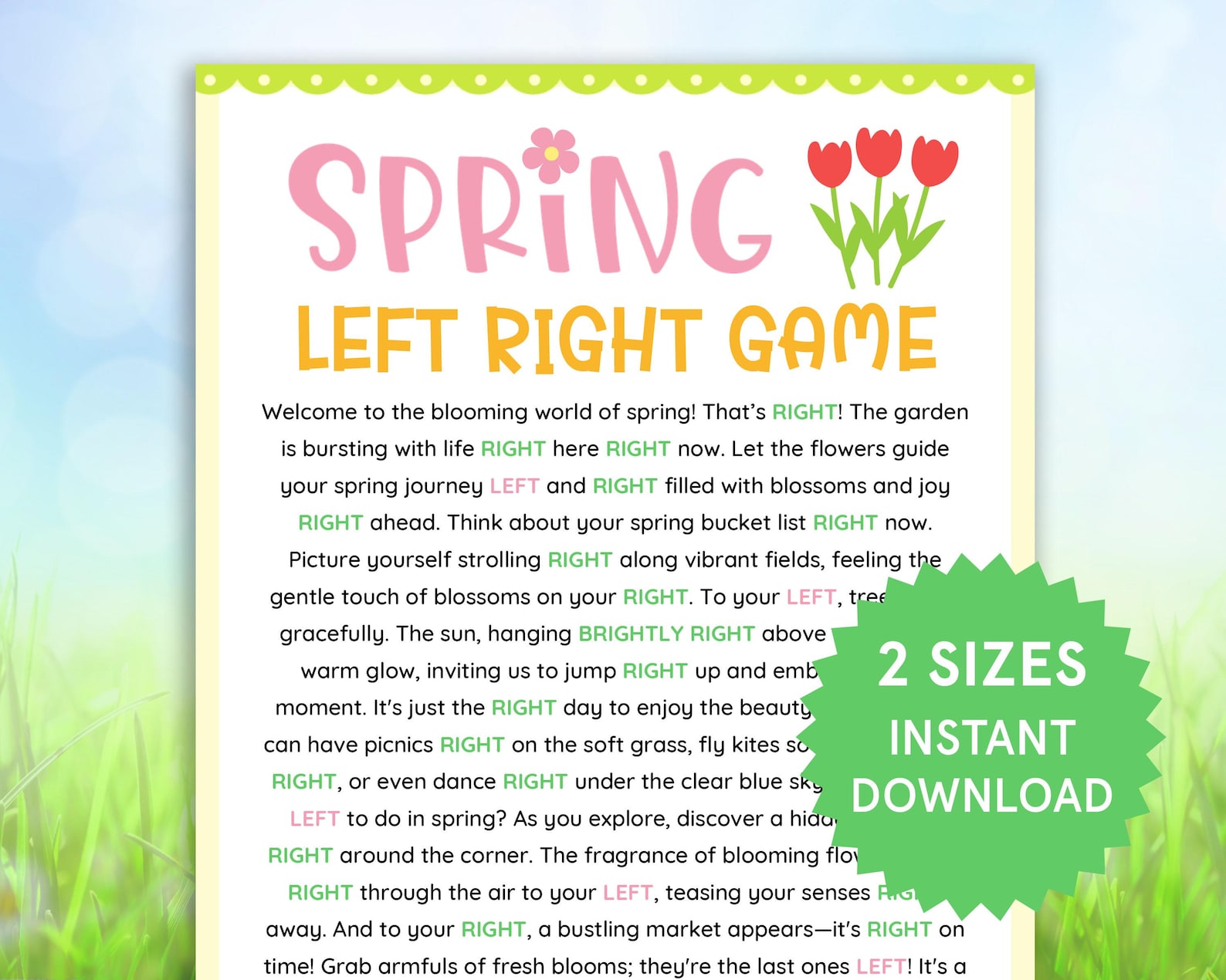 Spring Left Right Game Printable Spring Games Spring Activities for ...