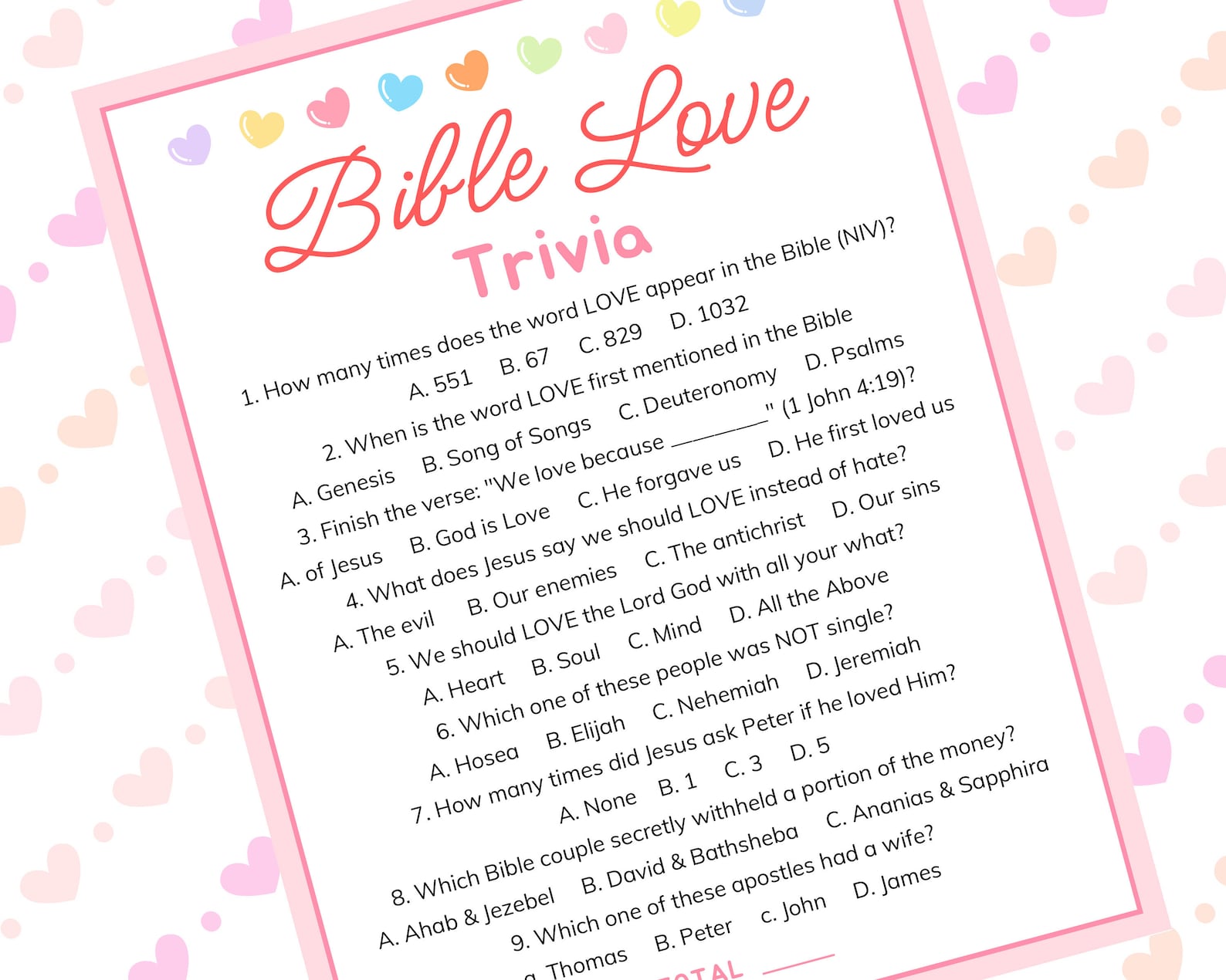 Bible Love Trivia Game Printable Bible Games for Kids, Adults Fun ...