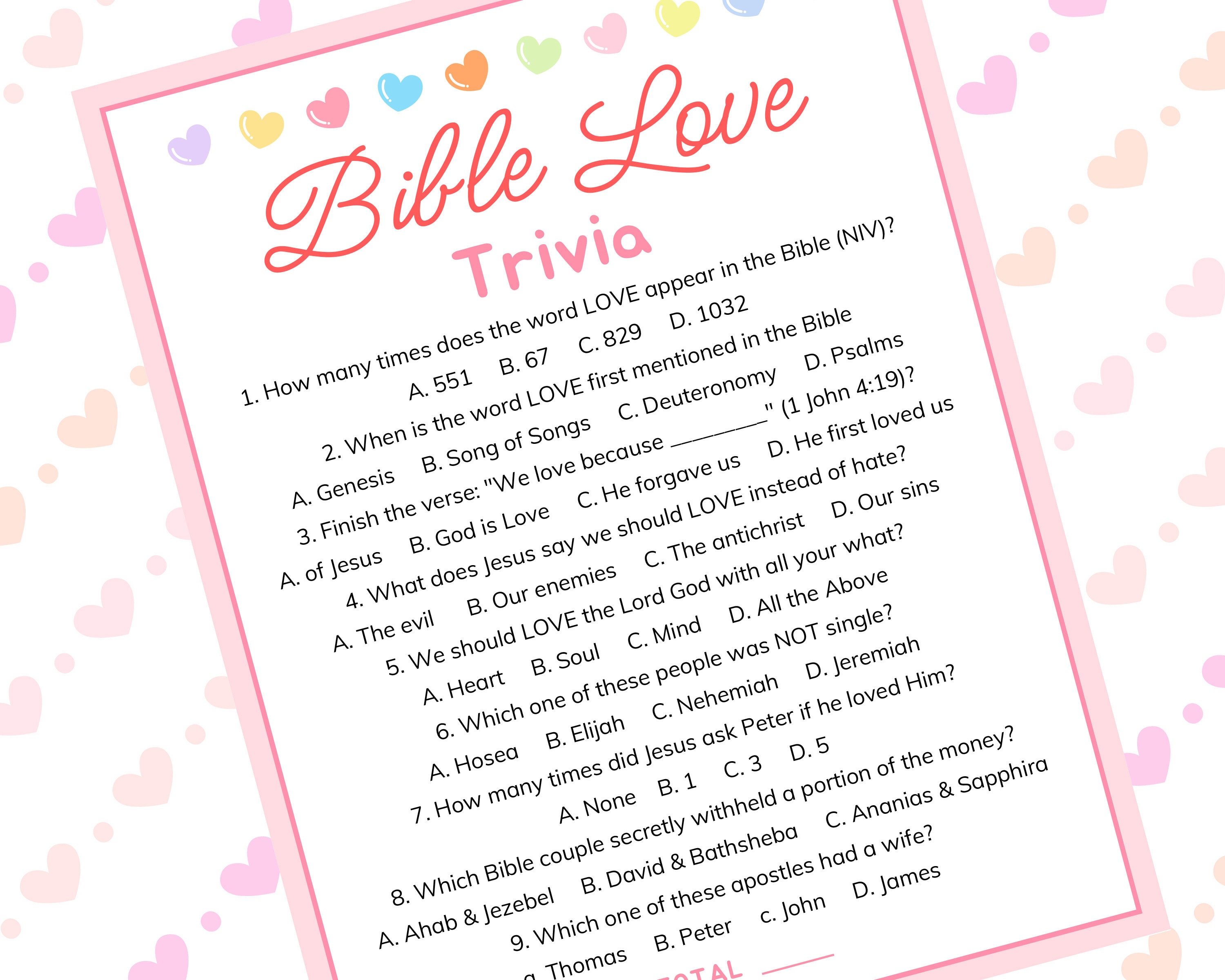 Bible Love Trivia Game Printable Bible Games for Kids, Adults Fun ...