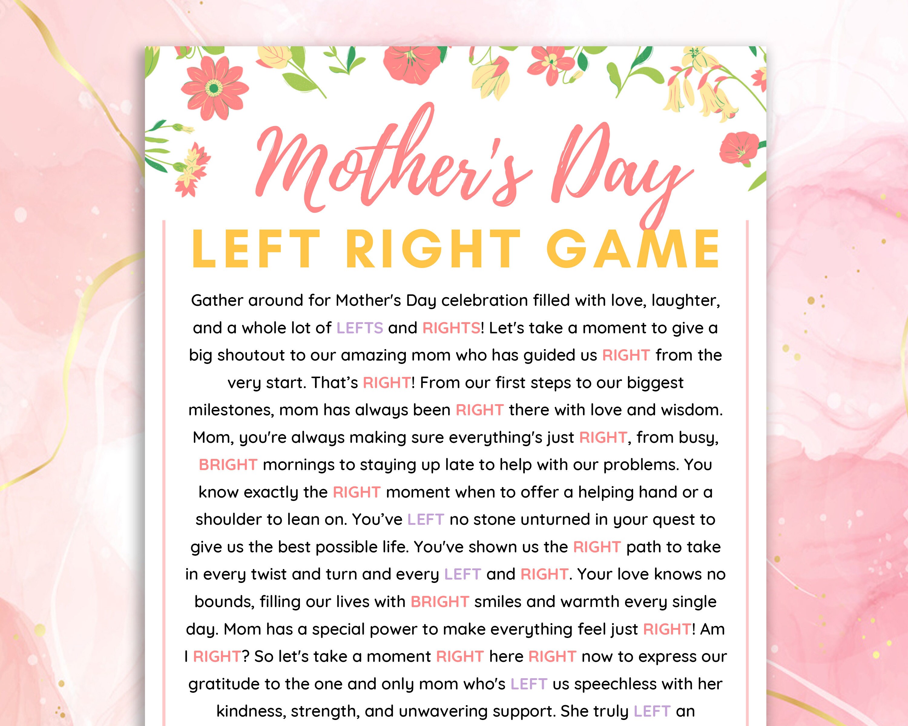 Mothers Day Left Right Game Printable Mothers Day Games Mothers Day ...