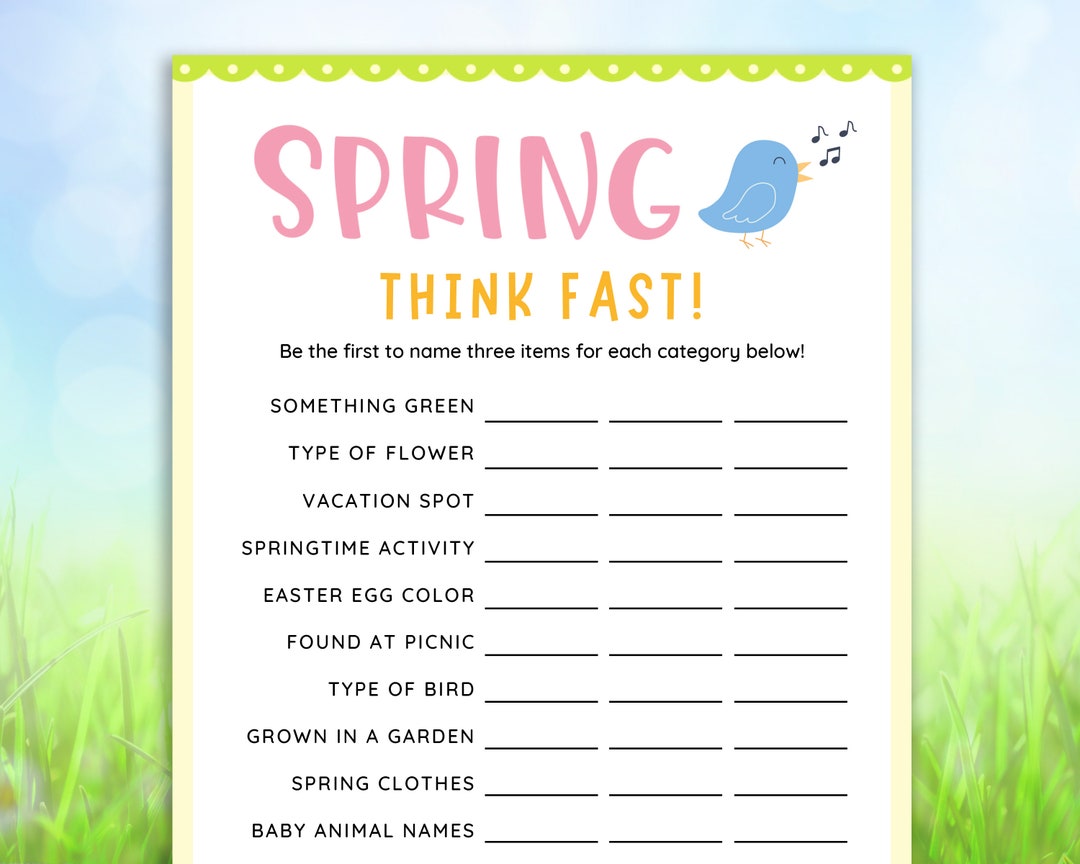 Spring Think Fast Game | Printable Spring Party Think Quick Games ...