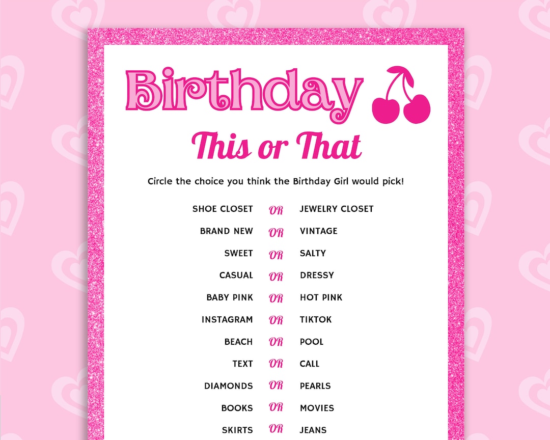 Pink Birthday This or That Girls Birthday Game Glitter Party Pink Party ...
